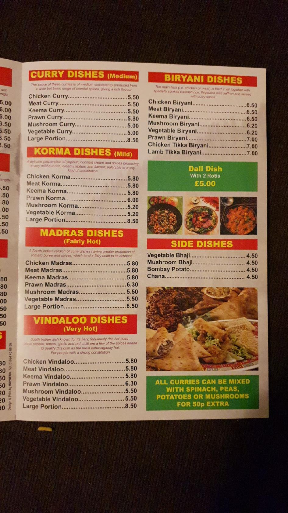 Menu at Kashmir Takeaway fast food, Heckmondwike