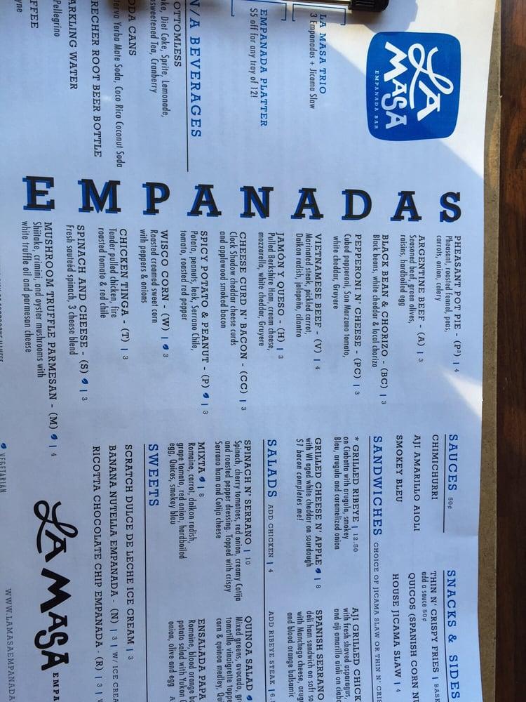 Menu at La Masa Empanada Bar, Milwaukee