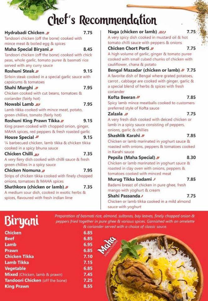 Menu at Maha Indian Cuisine restaurant, Hyde