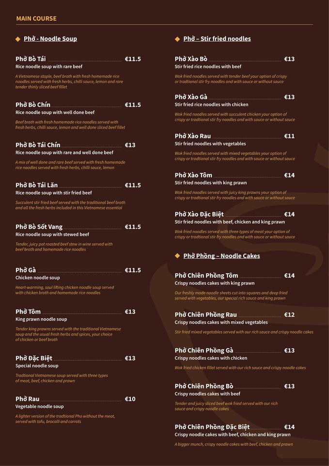 Menu at Pho Ta restaurant, Dublin