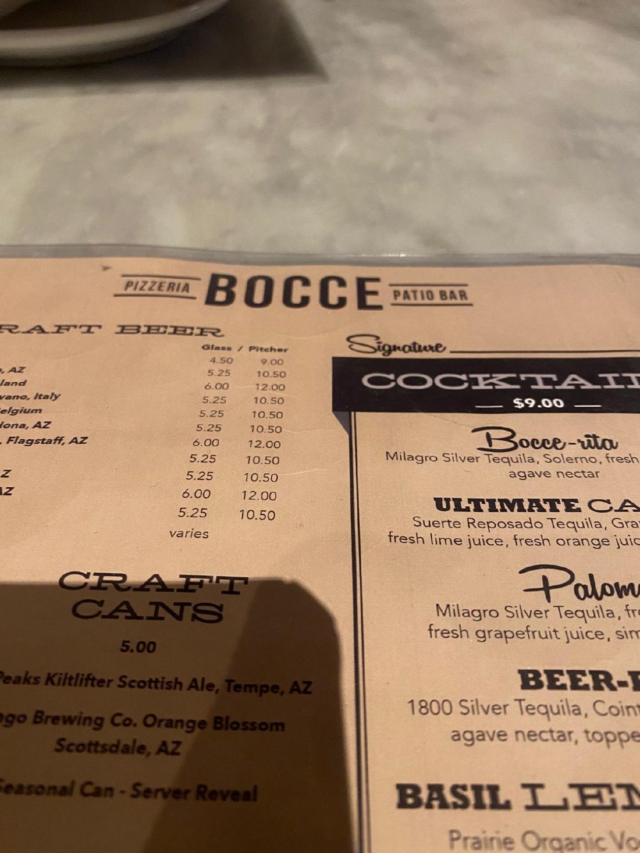 Carta de Pizzeria Bocce, Cottonwood, N Main St