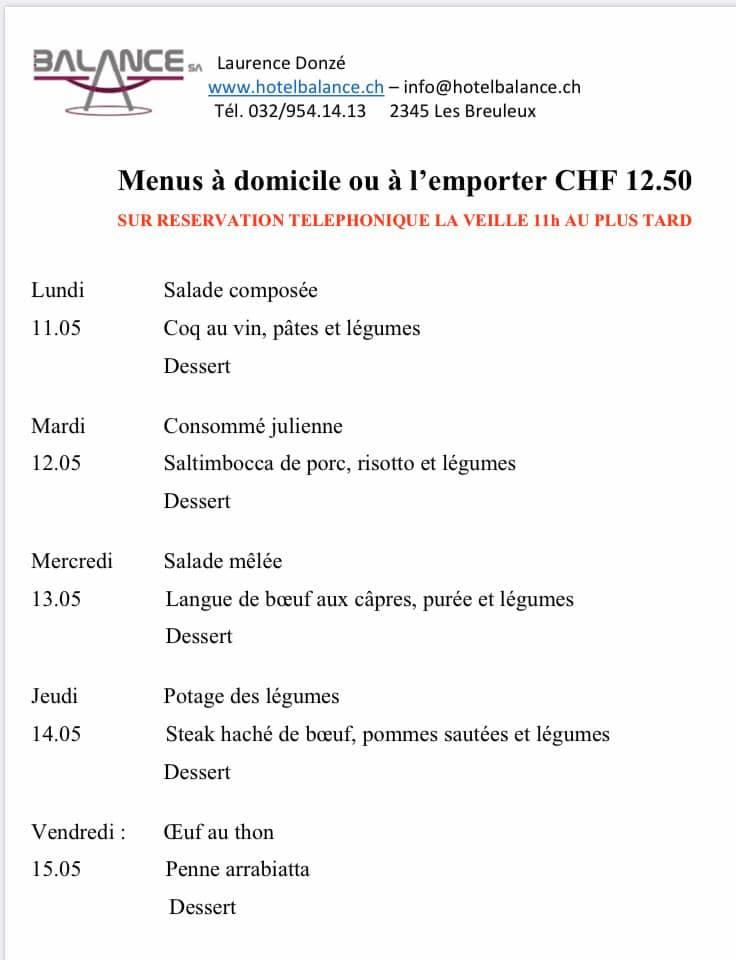 Menu at Restaurant de la Balance, Les Breuleux