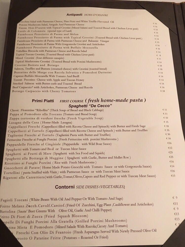 Menu au Ristorante Buca Mario, Florence