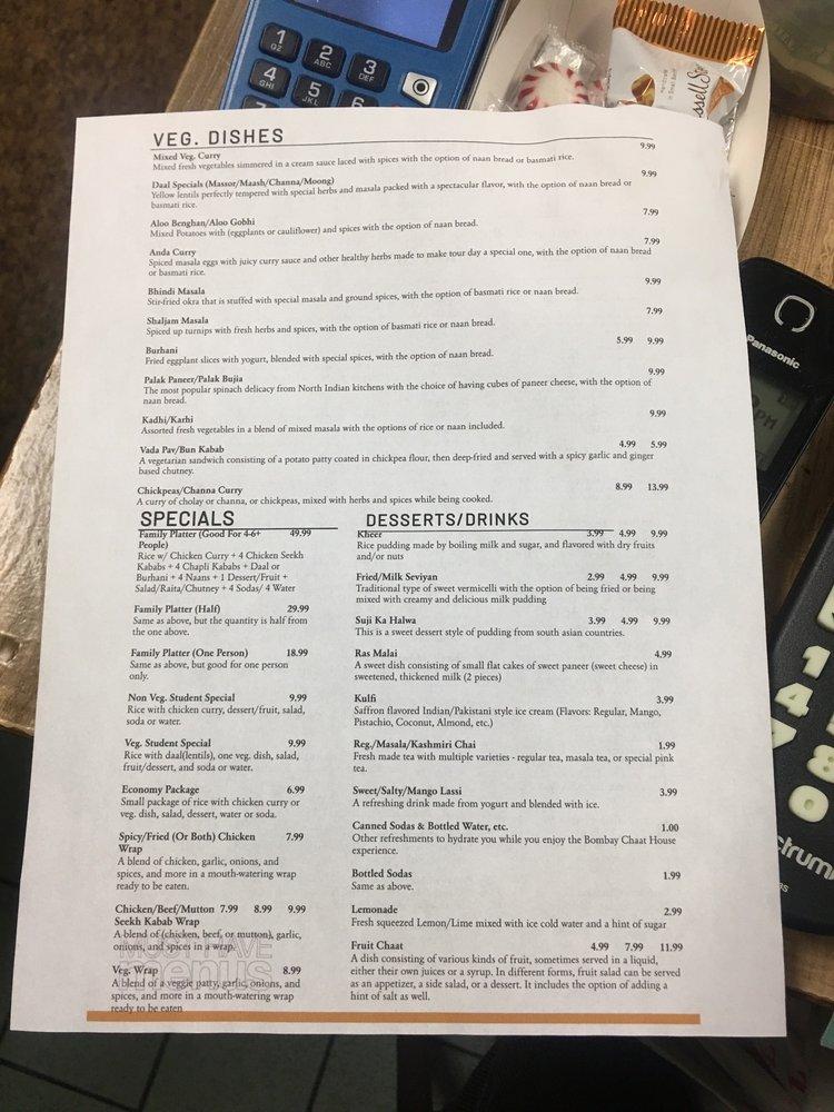 Menu at Roc Bombay Chaat House restaurant, Rochester