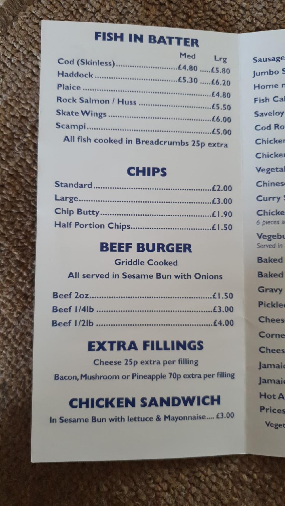 Menu at Smithson's Fish & Chips fast food, Bournemouth