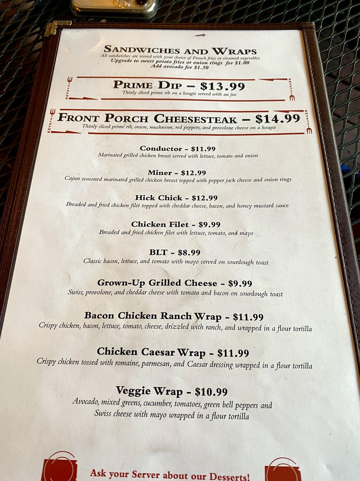 Menu at The Front Porch Restaurant and Bar, Keystone