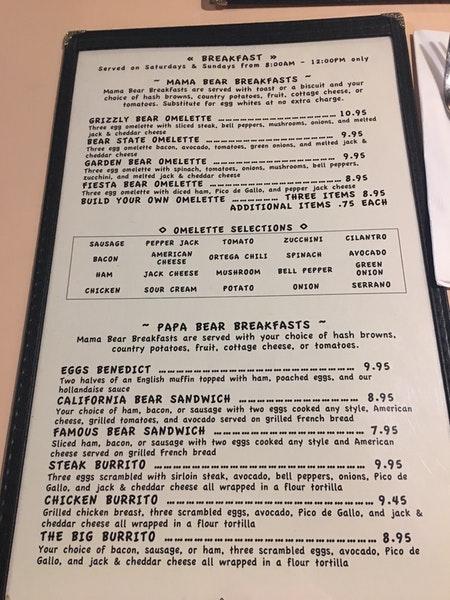 Menu at The Hungry Bear Restaurant, Fullerton
