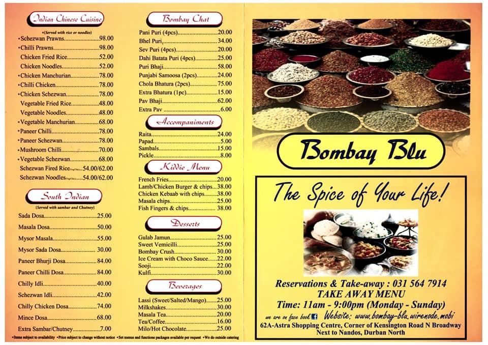 Menu at Bombay Blu restaurant, Durban