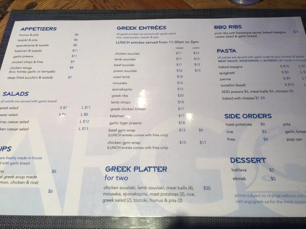 Menu at Argo Greek Cuisine Pizza & Pasta pizzeria, Burnaby
