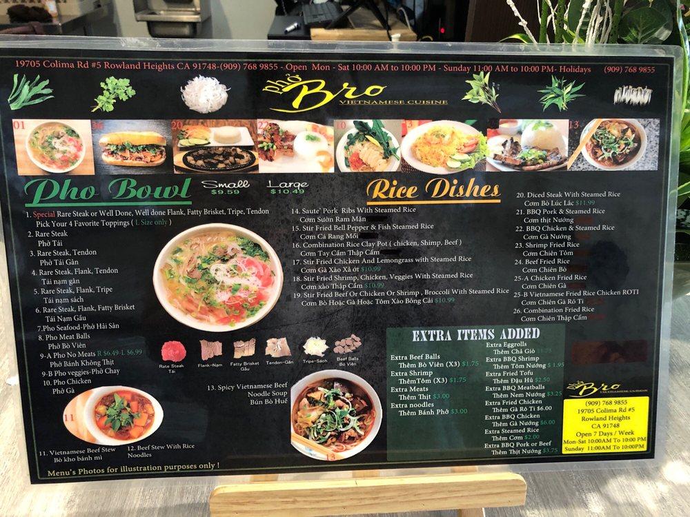 Menu at Pho Bro restaurant, Rowland Heights