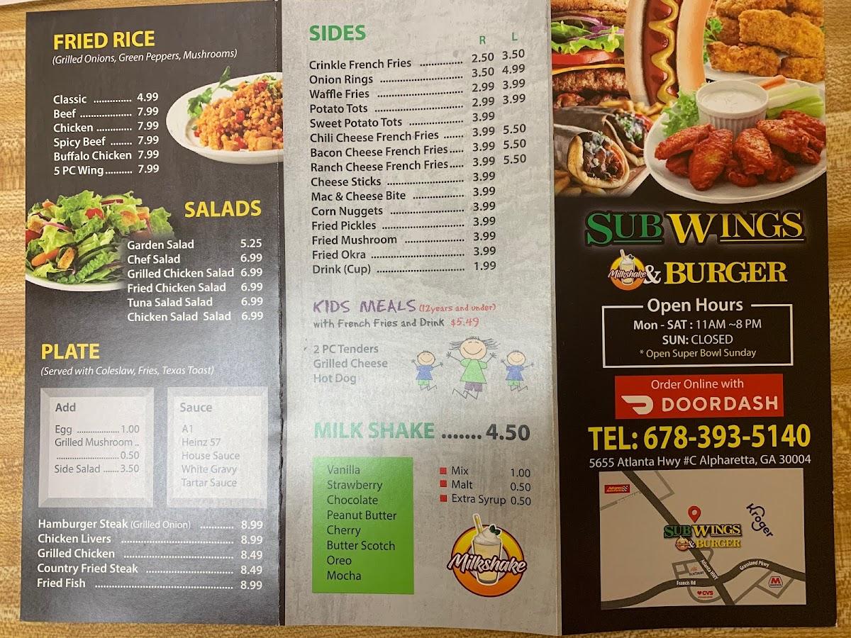 Carta del restaurante Sub Wings Milkshake & Burger, Alpharetta