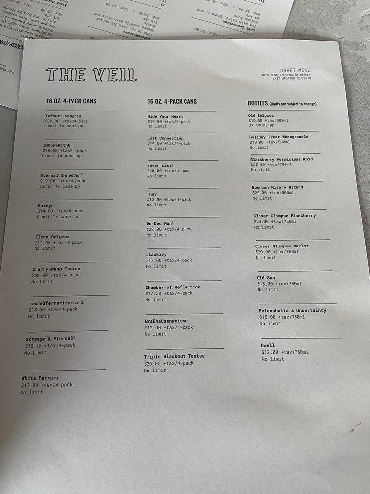 Menu at The Veil pub & bar, Norfolk