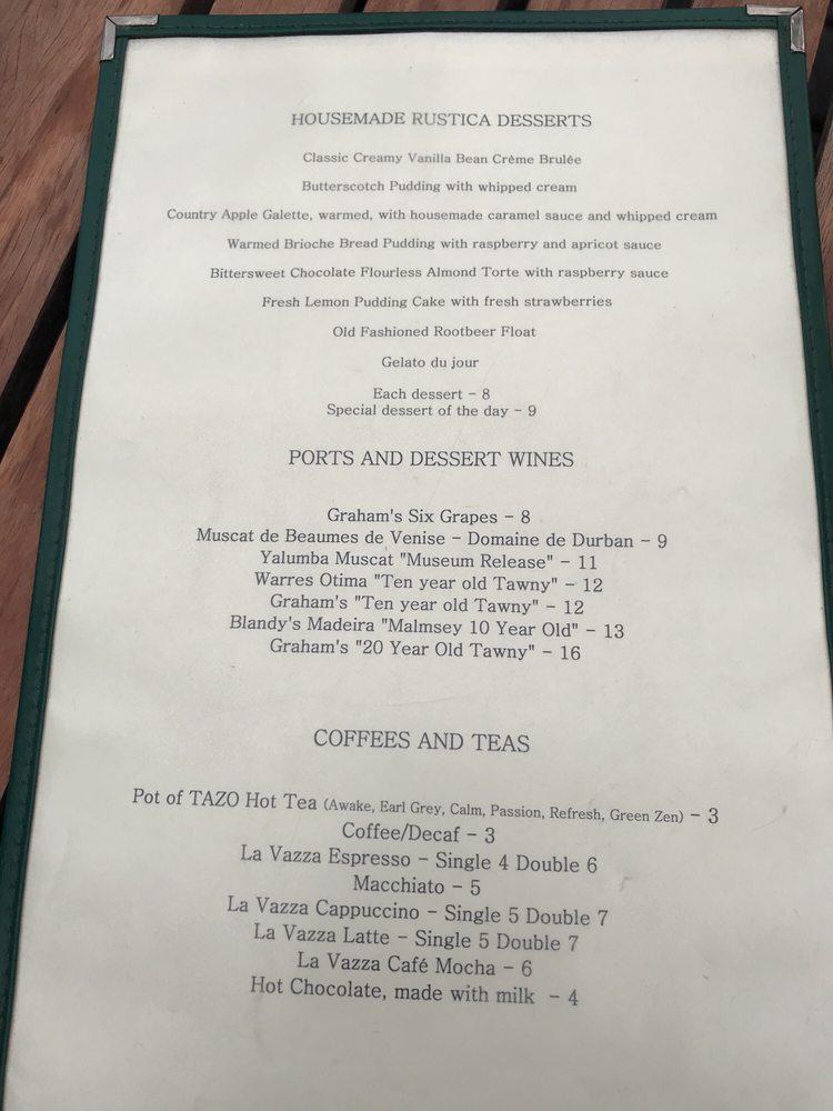 Menu at Café Rustica restaurant, Carmel Valley