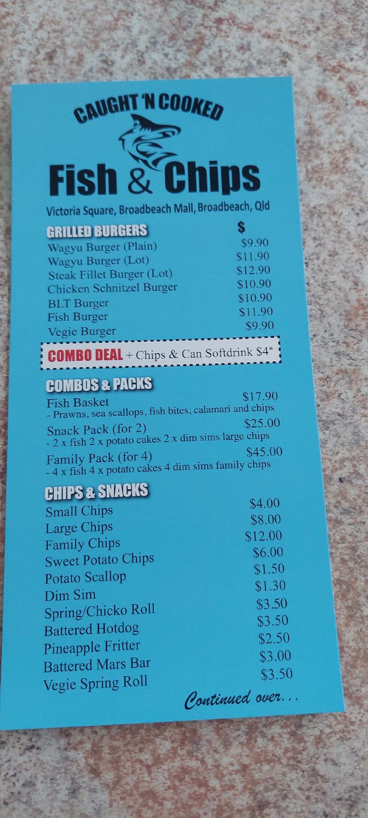 Menu at Caught 'n Cooked Fish & Chips Broadbeach fast food, Broadbeach ...
