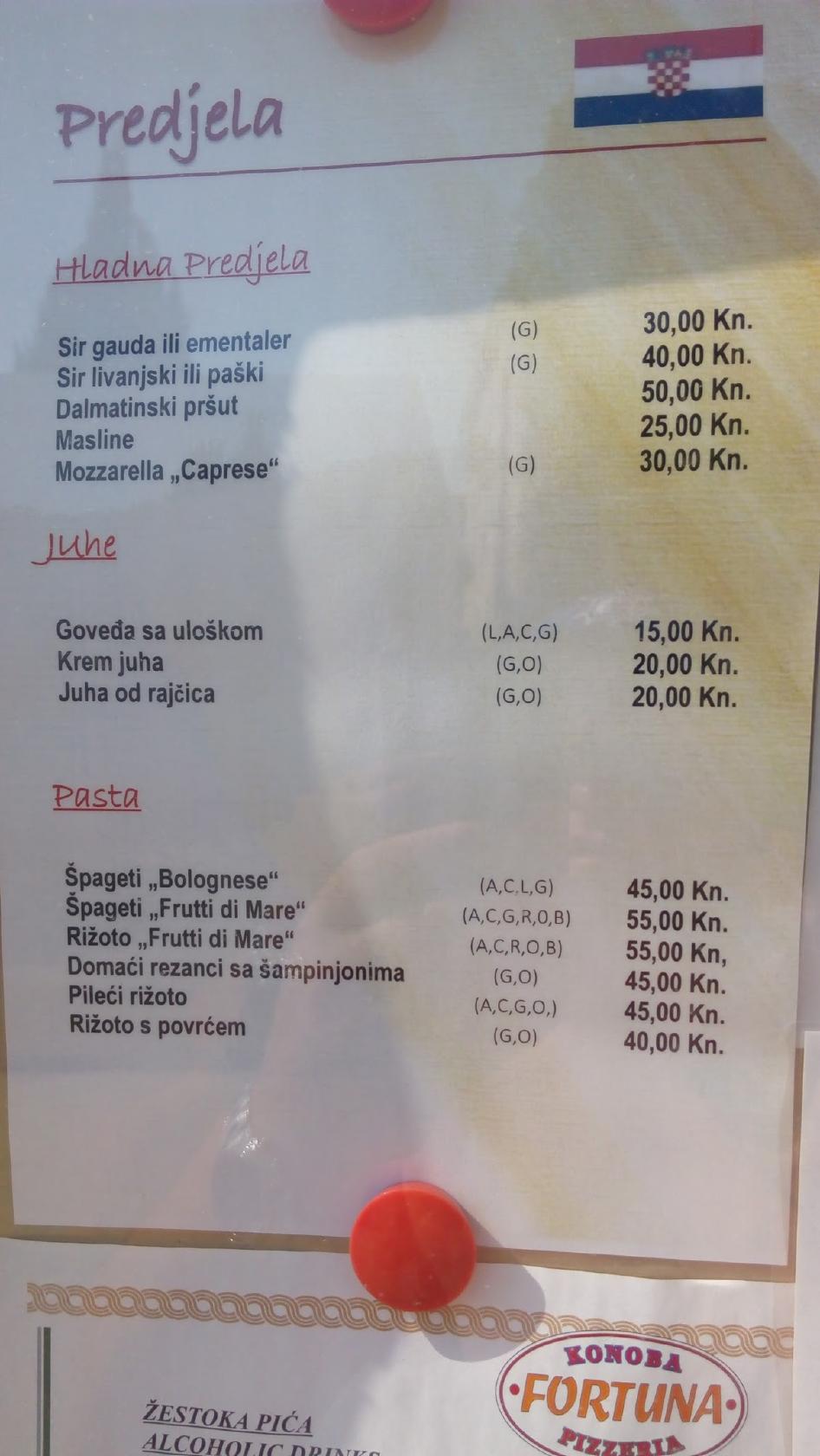 Menu at Fortuna Caffe Bar, Sreser