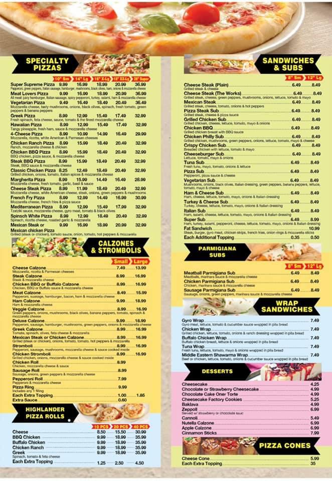 Menu at Highlander Pizza pizzeria, Radford