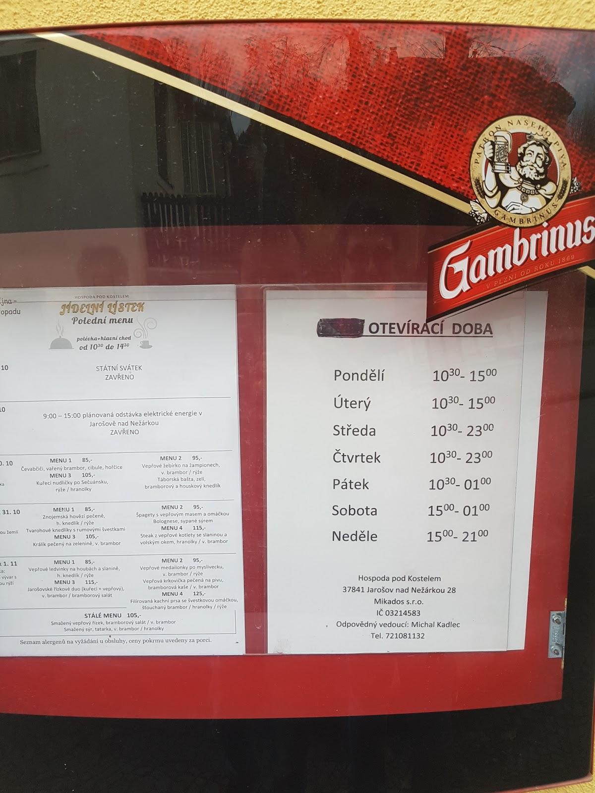 Menu at Hospoda Pod Kostelem restaurant, Jarošov nad Nežárkou