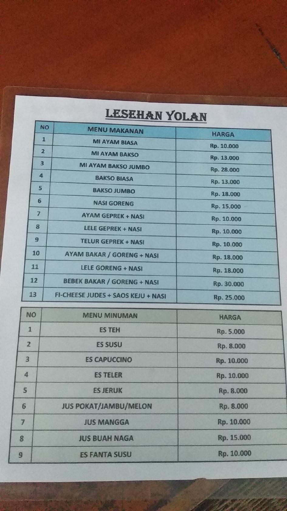 Menu at Kafe Yolan cafe, Arga Makmur