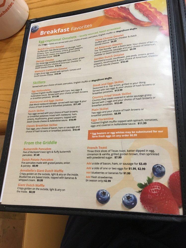 Menu at Pannekoeken restaurant, Rochester