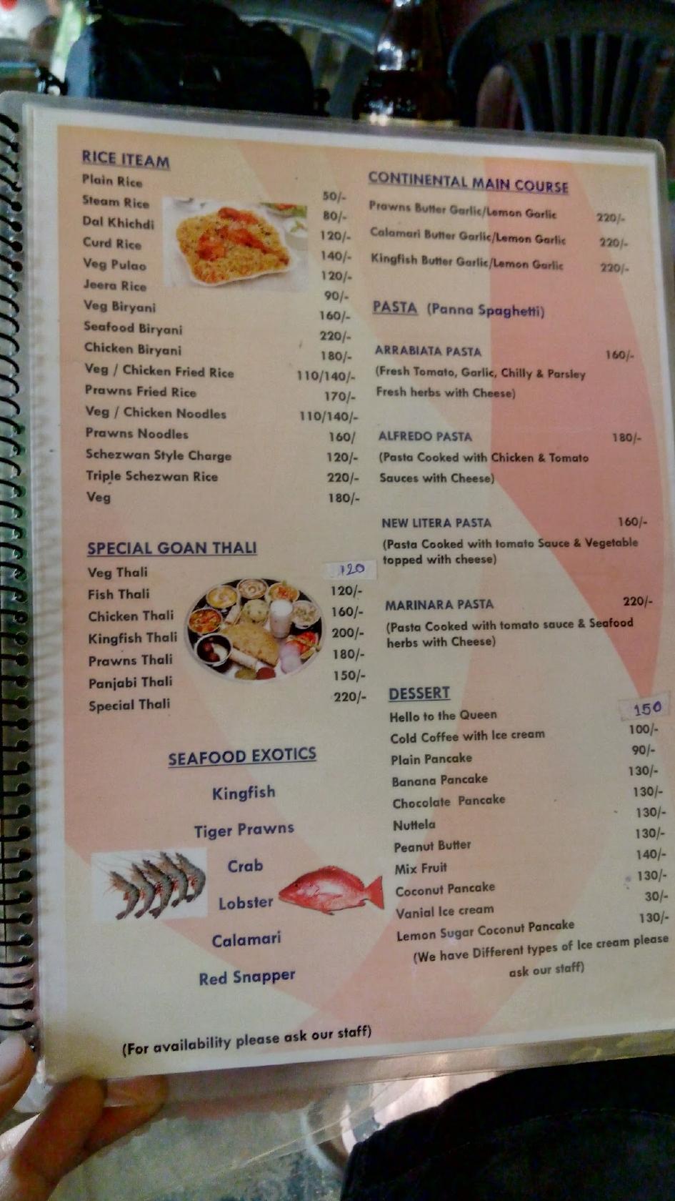 Menu at Shiv Sai thali house palolem beach Road Palolem Beach canacona ...