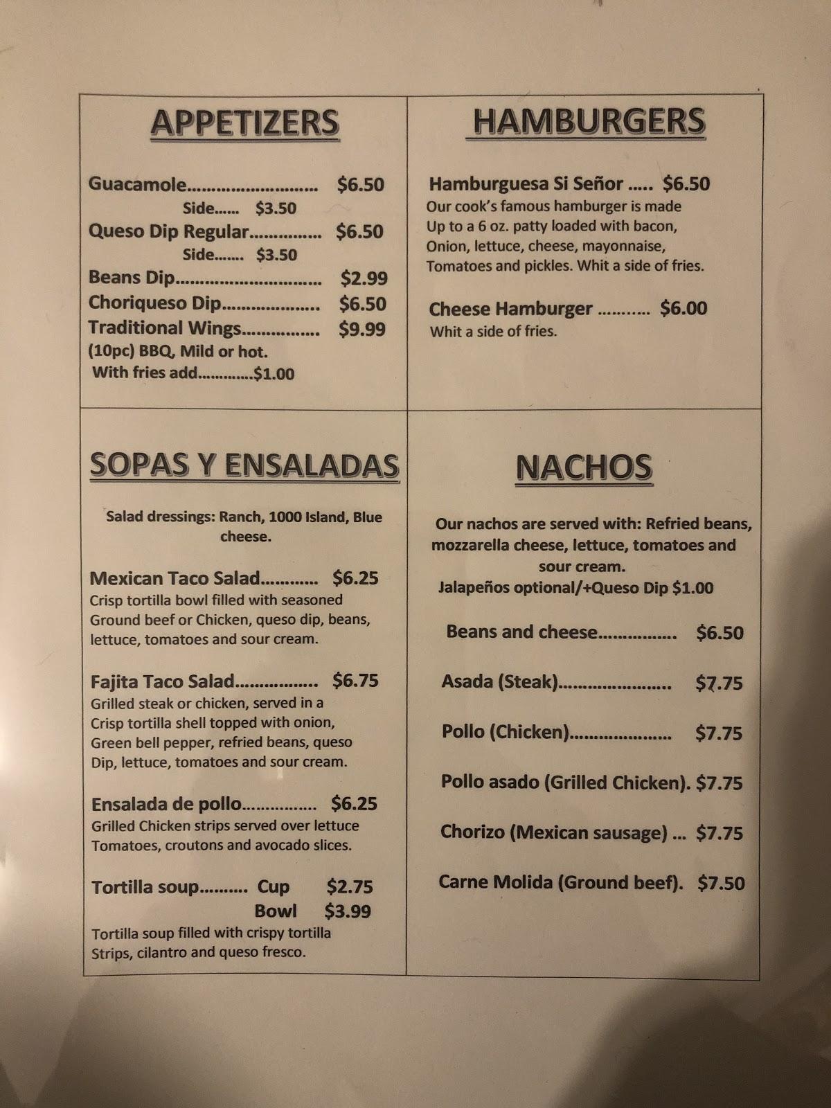 Menu at Si Señor Authentic Mexican Restaurant, Kentland