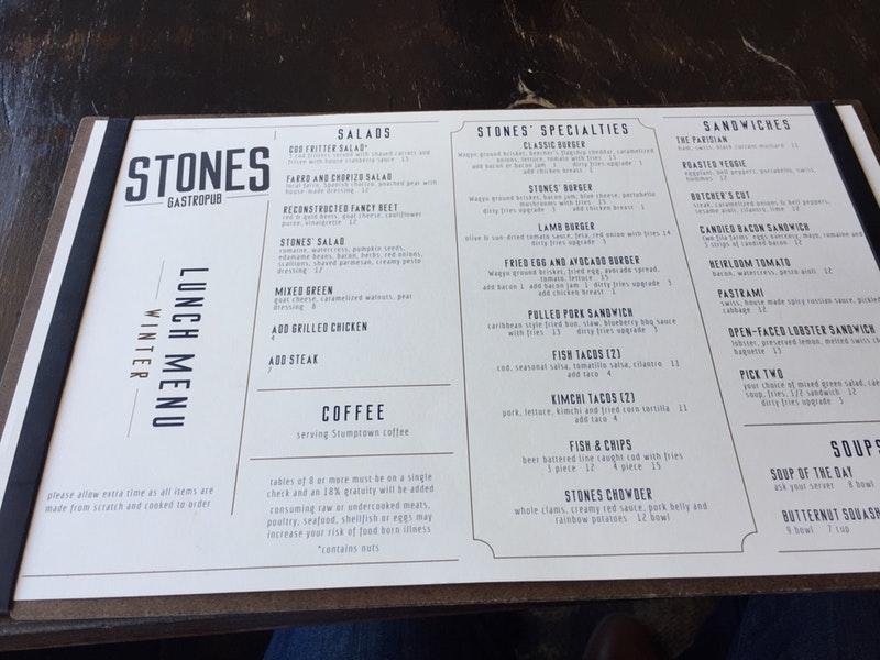 Menu at Stones Gastropub, Wenatchee