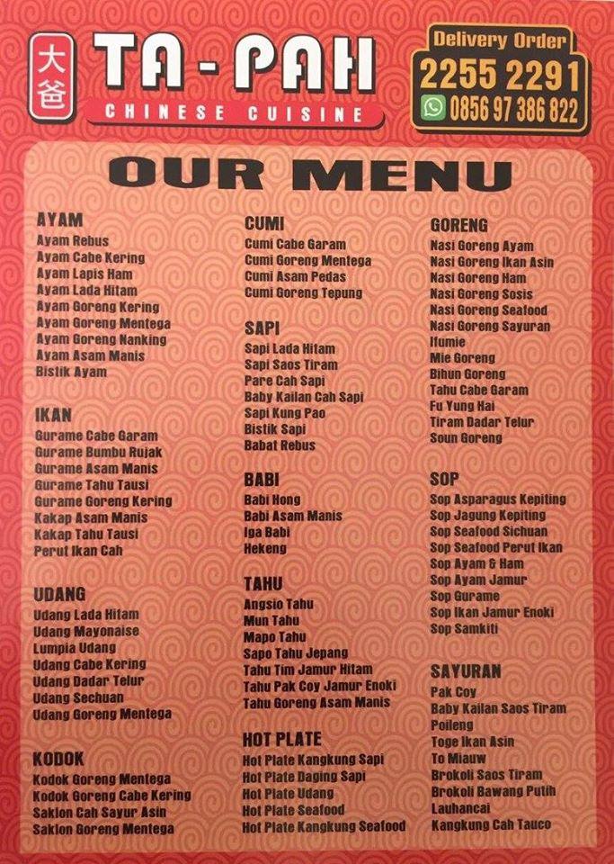 Menu at Ta-pah Restaurant, Jakarta