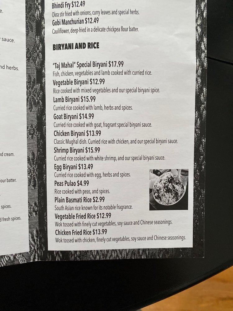 Menu at Taj Mahal Grill restaurant, Kennesaw