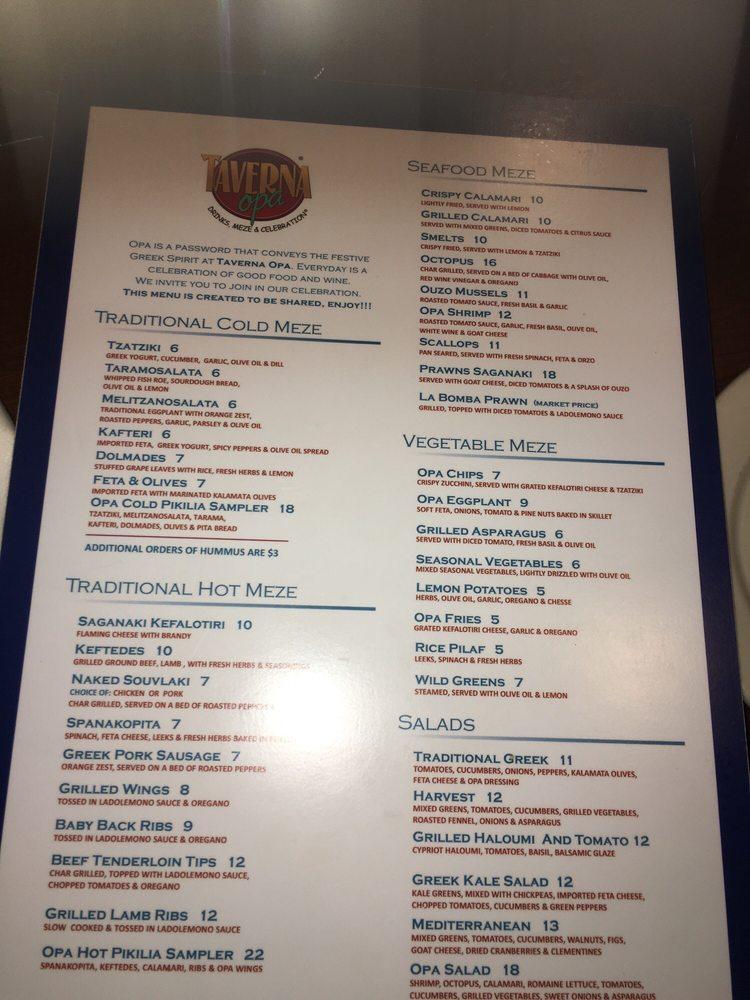 Menu at Taverna Opa restaurant, Hollywood