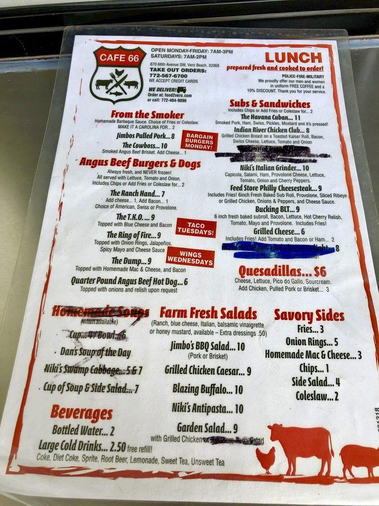 Menu at Cafe 66, Vero Beach, 685 US-1