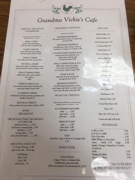 Menu at Grandma Vickie's Cafe, Lake Geneva