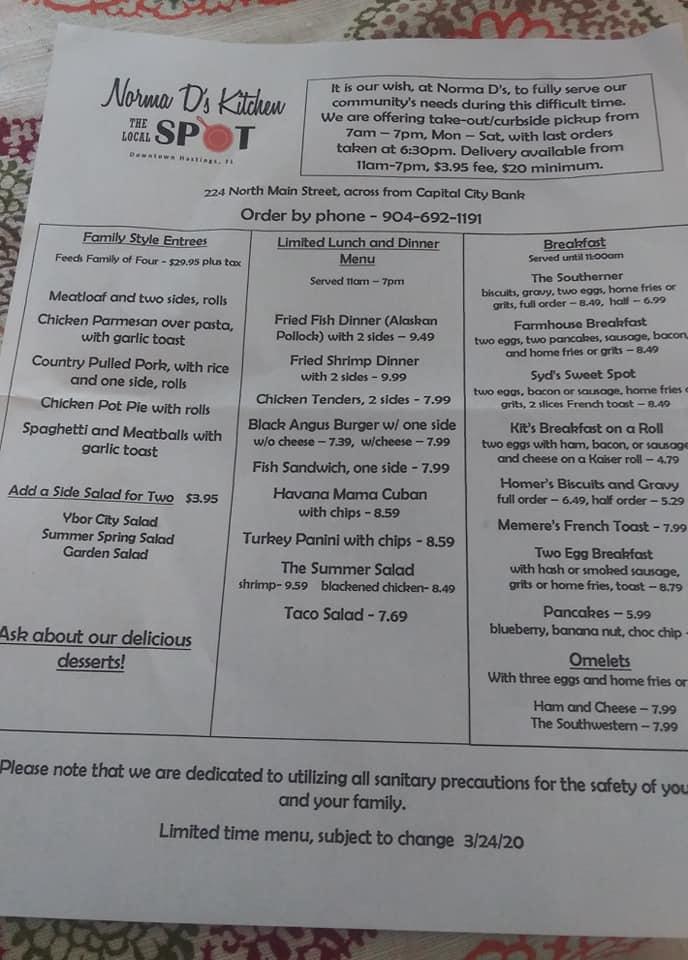 Menu at Norma D’s restaurant, Hastings