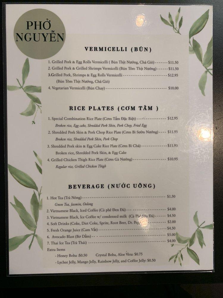 Menu at Pho Nguyen restaurant, Garden City