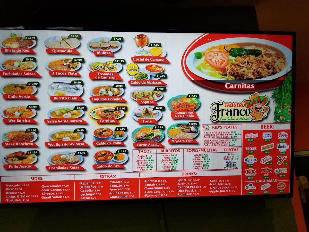 Menu at Taqueria Franco restaurant, Aberdeen, 401 W Heron St