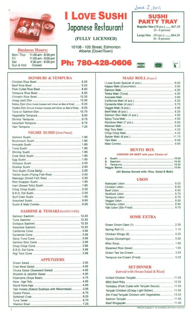 Menu at I Love Sushi restaurant, Edmonton