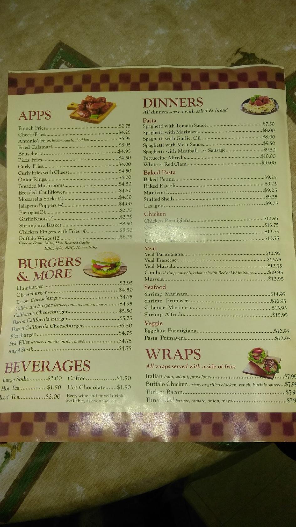 Menu at Antonios Pizzeria, Jim Thorpe