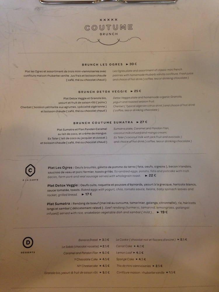 Menu at Coutume cafe, Paris, 47 Rue de Babylone