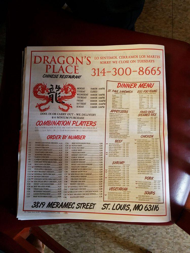Menu at Dragon's Place restaurant, St. Louis