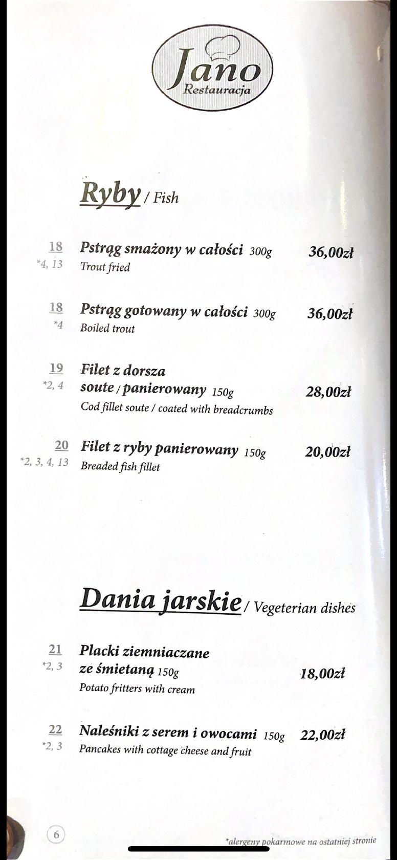 Menu at Jano restaurant, Kościelisko