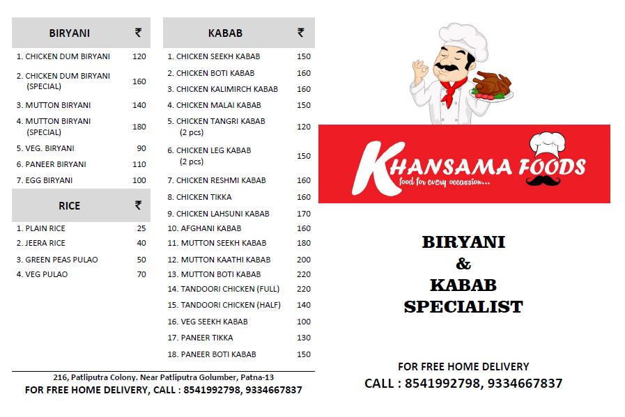 Menu at Khansama Foods, Patna