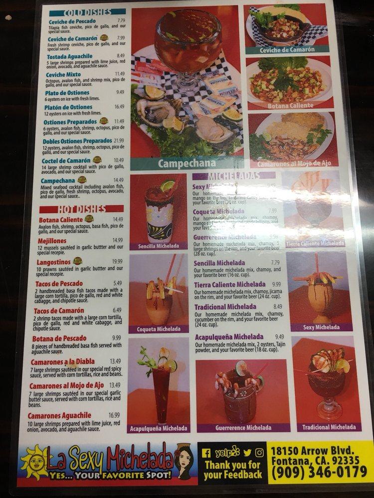 Menu at La Sexy Michelada restaurant, Fontana