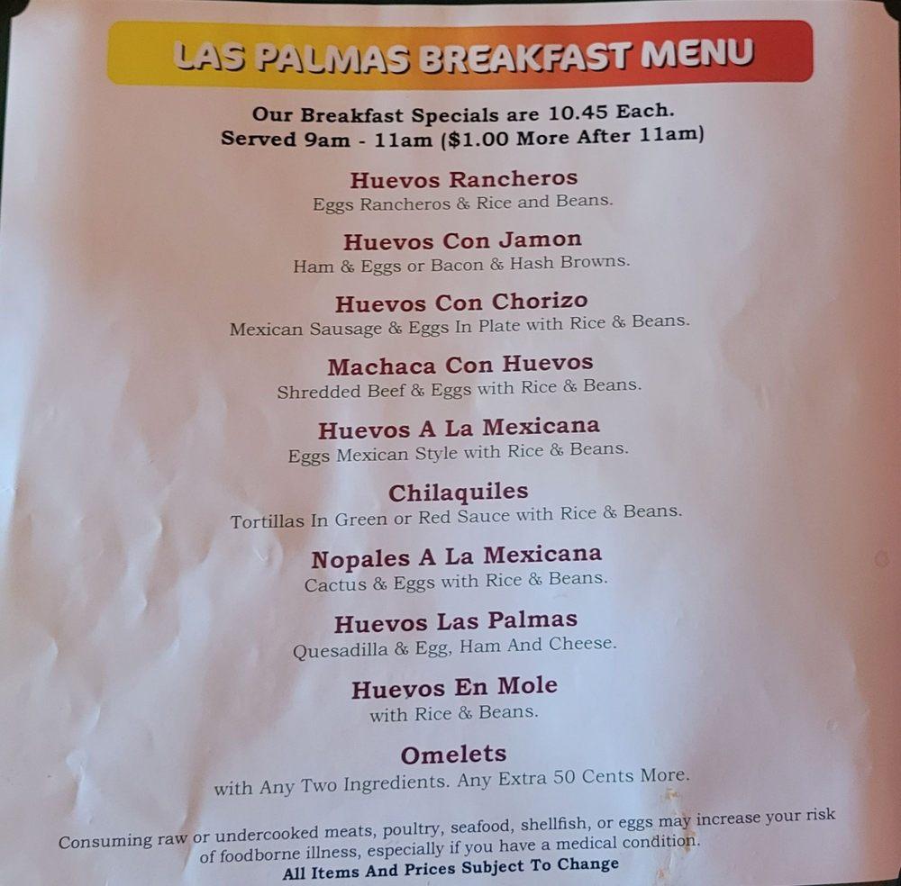 Menu at Las Palmas Mexican Cuisine restaurant, Yucca Valley