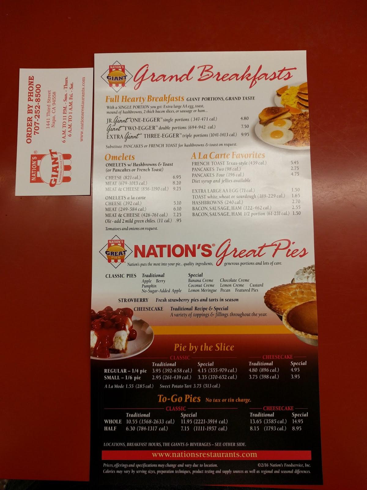 Carta del postres Nation's Giant Hamburgers & Great Pies, Napa