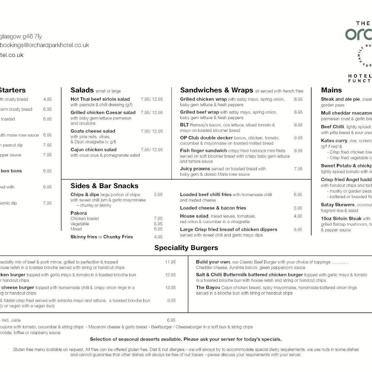 Menu at Orchard Park Hotel Bar + Grill, Glasgow