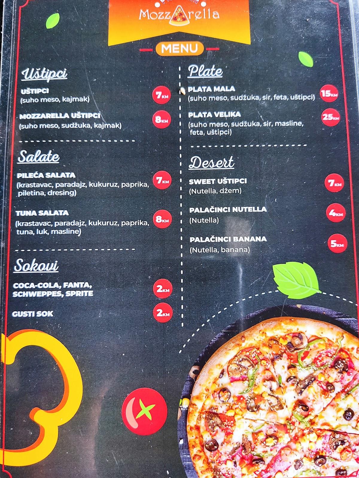 Menu at Pizzeria Mozzarella, Sarajevo