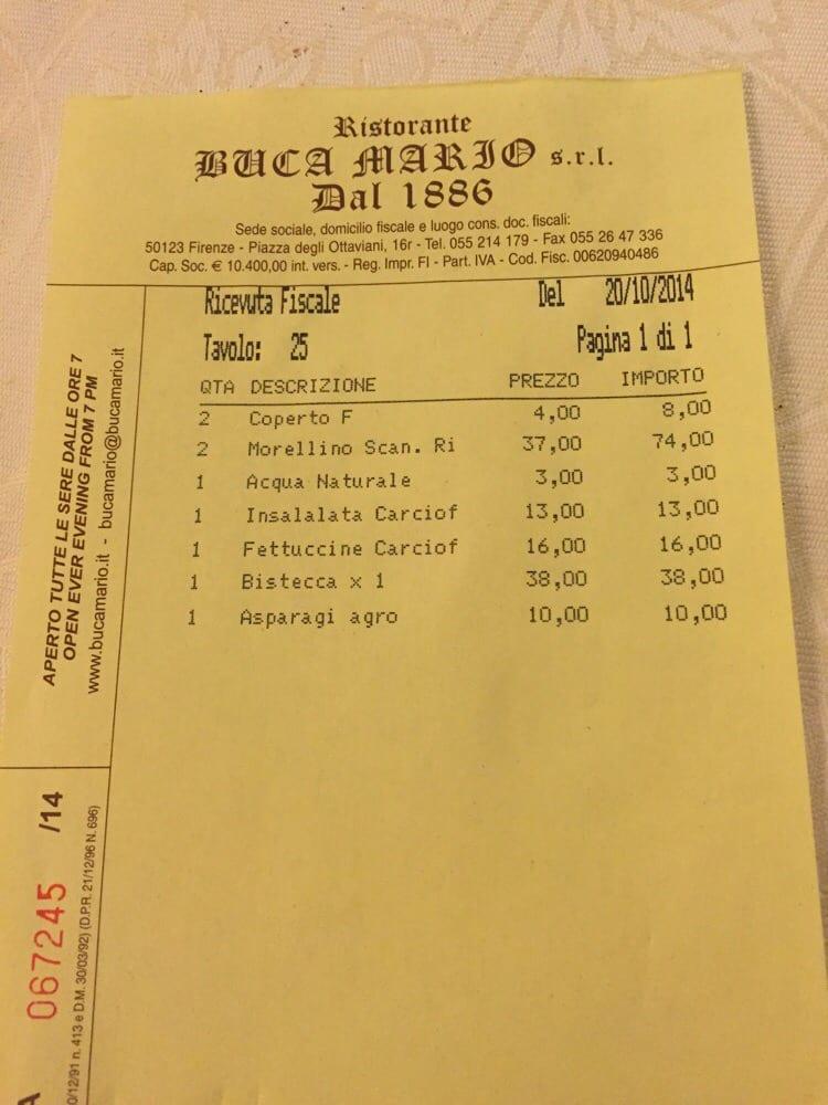 Menu au Ristorante Buca Mario, Florence