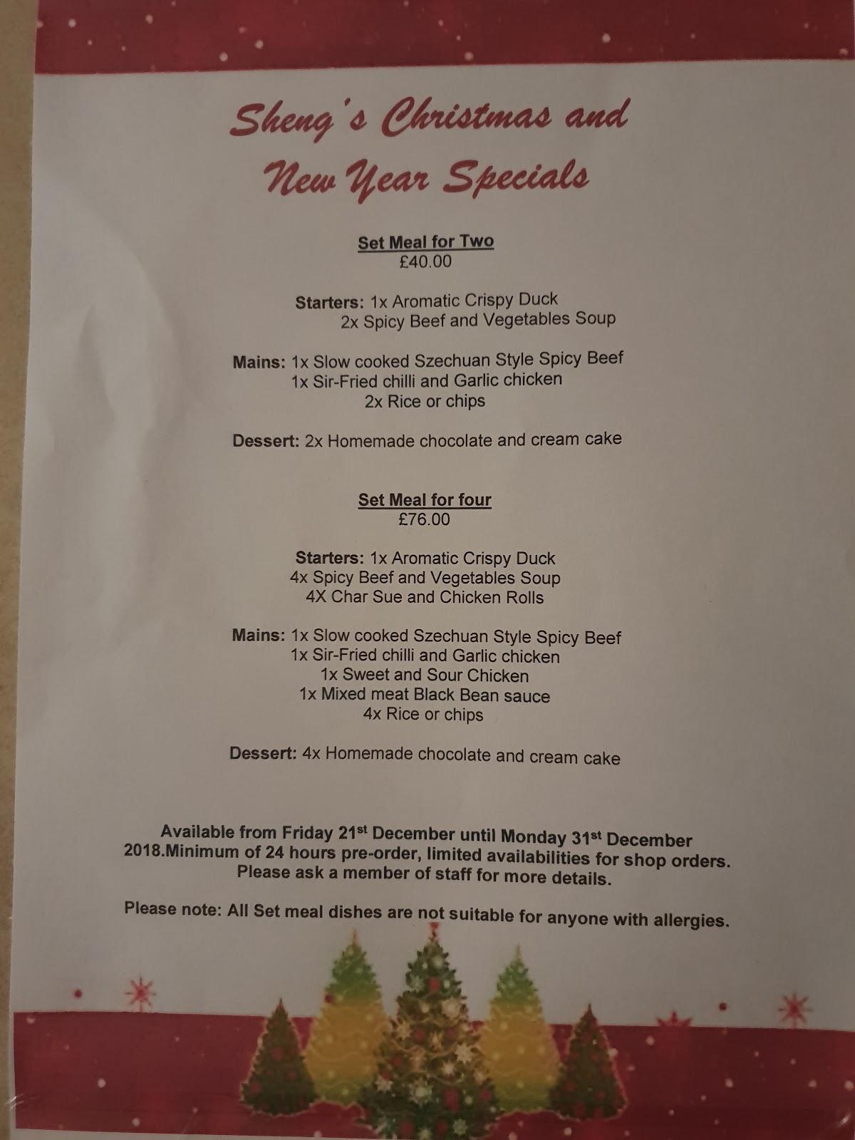 Menu at Sheng's Takeaway fast food, Barrow-in-Furness