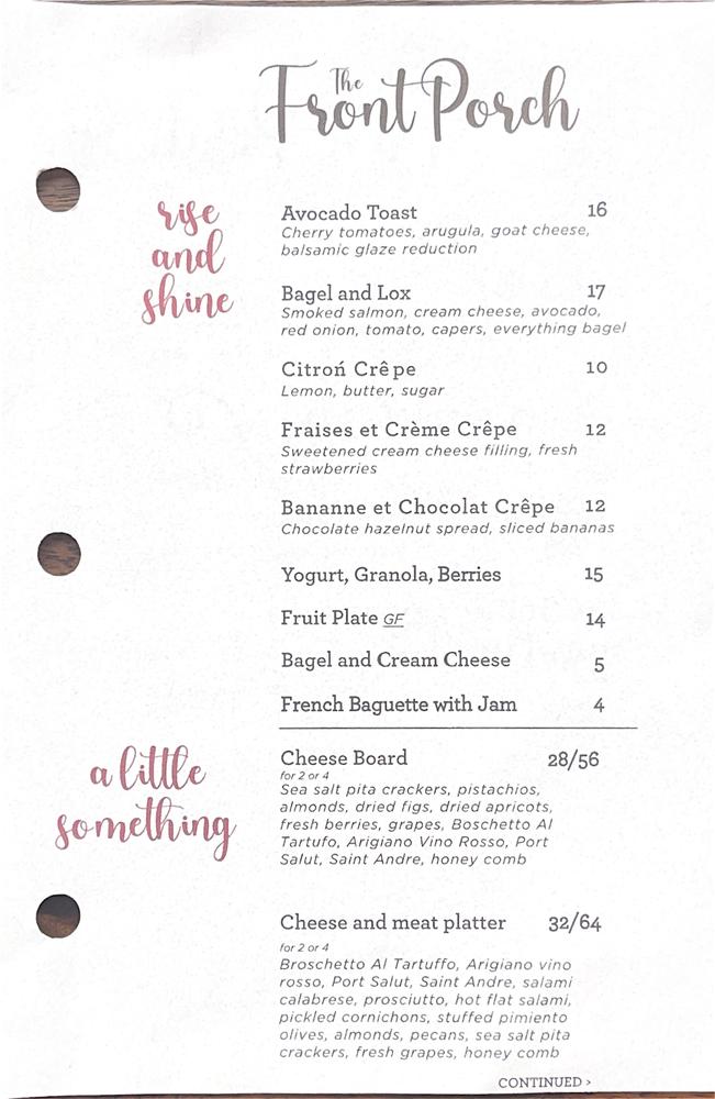 Menu at The Front Porch pub & bar, Palm Springs
