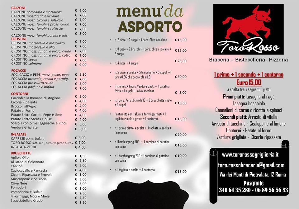 Menu da Ristorante Pizzeria Braceria Toro Rosso, Roma, Via dei Monti di ...
