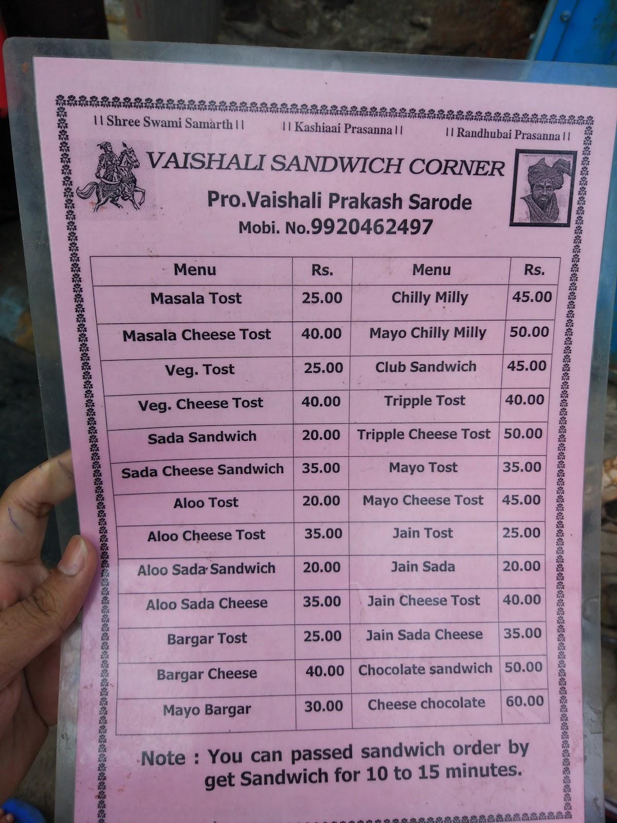 Menu at Vaishali Sandwich and burger corner, Thane, Matoshree Jijamata Marg